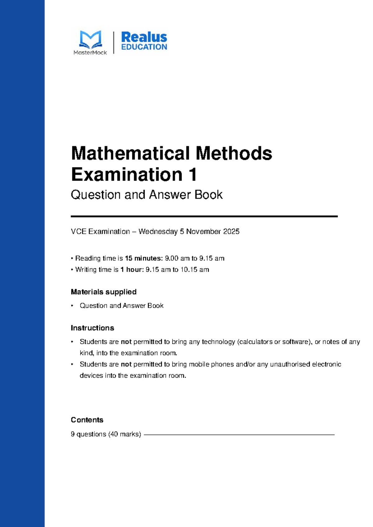 Mathematical Methods VCE Exam 1 Practice Questions & Answers - Studocu