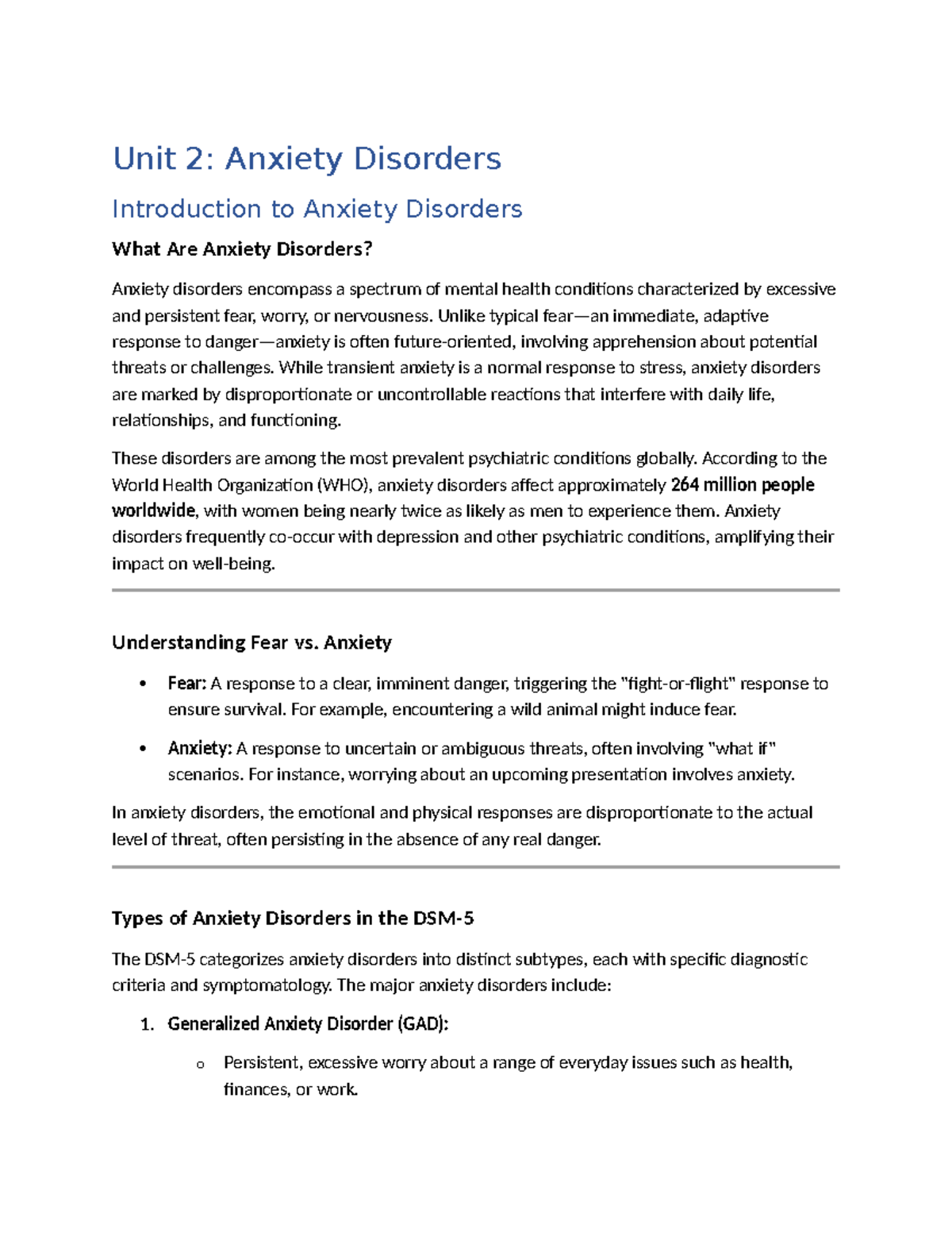 Unit 2 (Anxiety Disorders) - Unit 2: Anxiety Disorders Introduction to ...