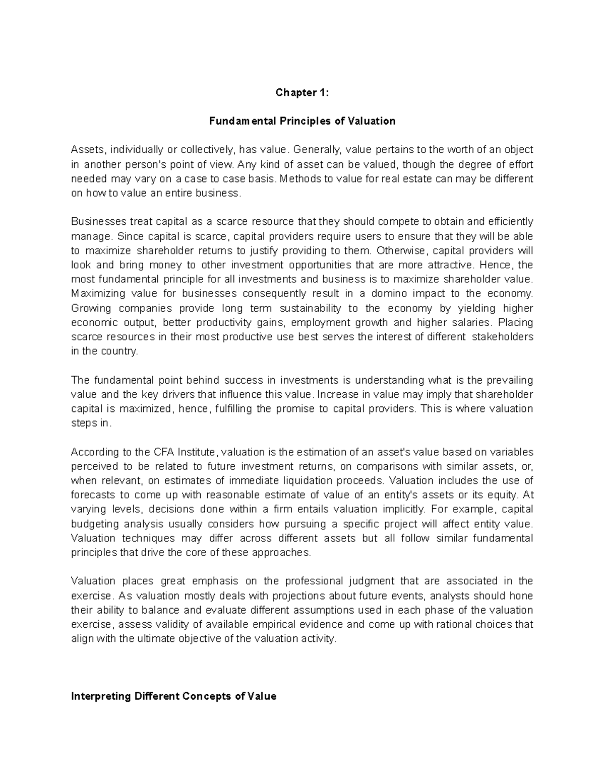 Chapter 1: Fundamental Principles of Asset Valuation and Shareholder ...