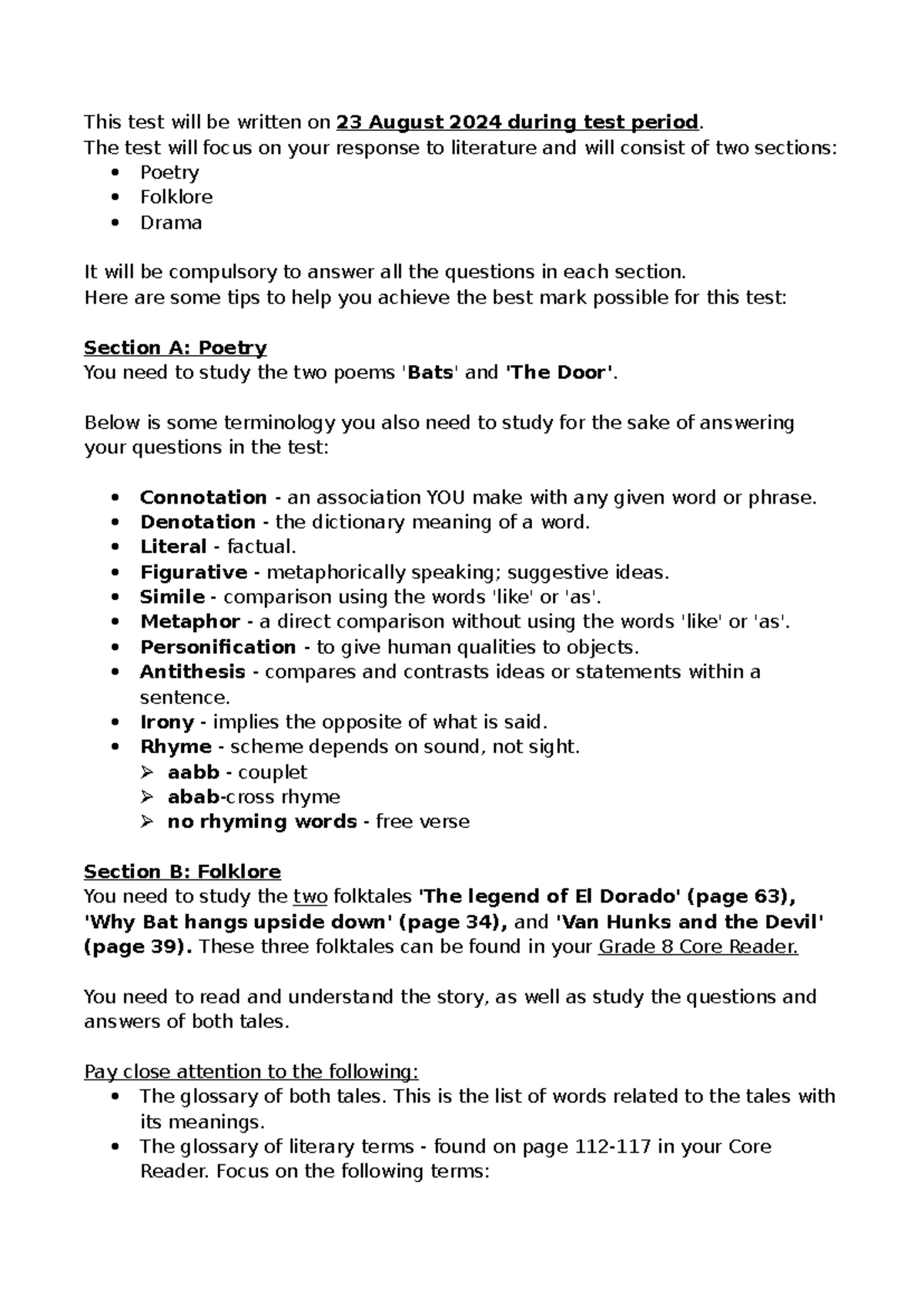 Grade 8 English Term 3 - Poetry & Folklore Test Prep Guide - Studocu