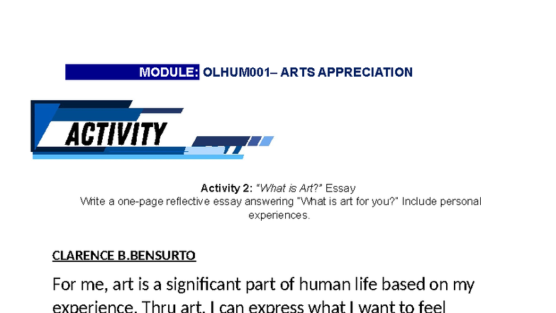 MODULE: ARTS APPRECIATION Activity 2 Essay - Is Art for Everyone? - Studocu