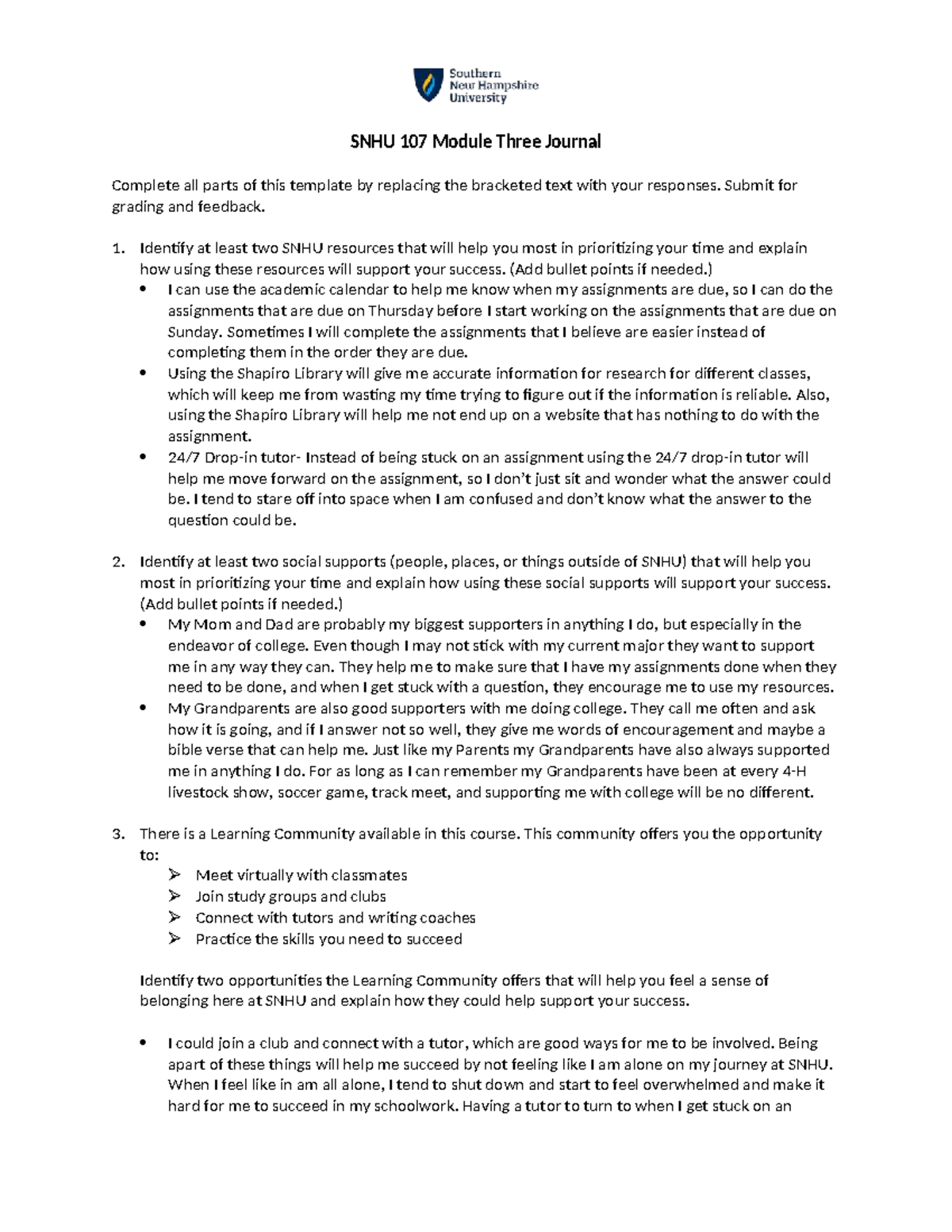 SNHU 107 Module Three Journal: Prioritizing Time Using Resources - Studocu
