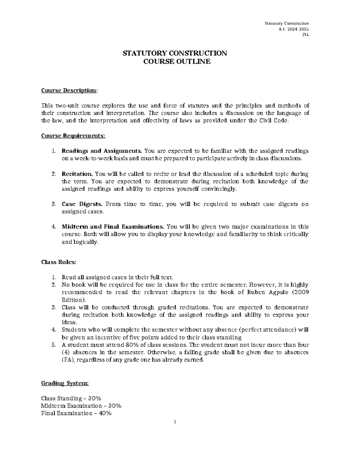 Statutory Construction Syllabus 2024-2025 (JSL) - Course Overview and ...