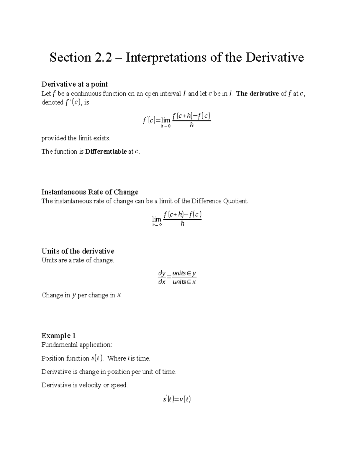 Calculus 101: Interpretations of the Derivative - Key Concepts & Examples - Studocu
