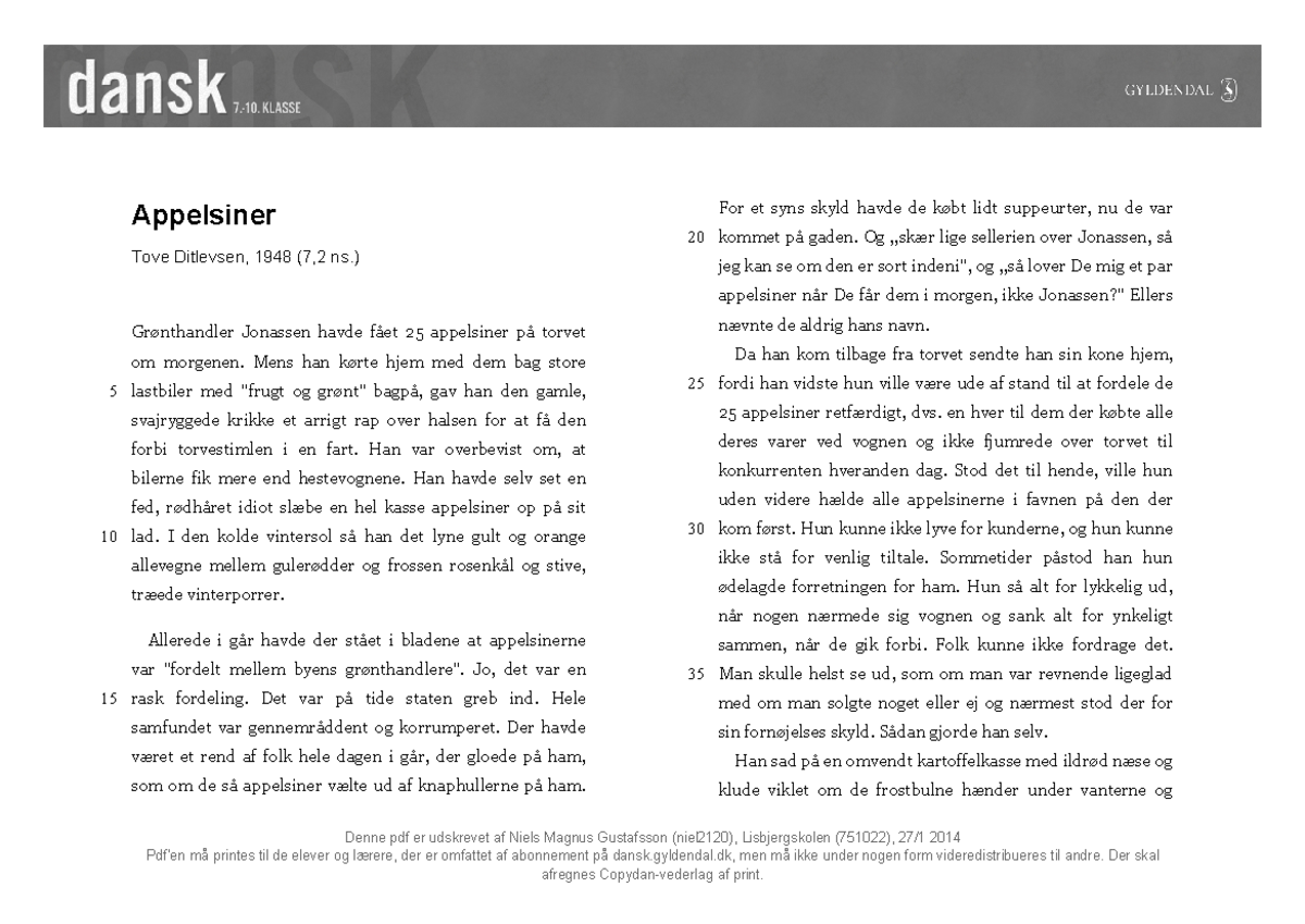 "Appelsiner - Analyse af Tove Ditlevsens Skildring fra 1948 (7,2 ns ...