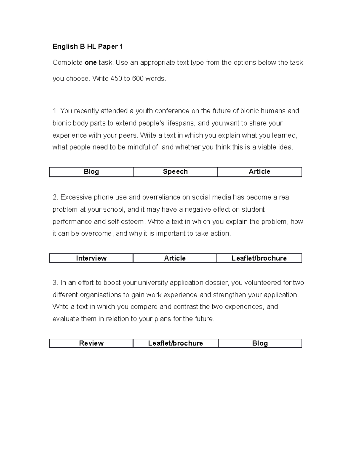 English B HL Paper 1 Test - Study Guide and Task Descriptions - Studocu