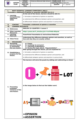 Technical AND Operational Definitions - LESSON PLAN School Estancia ...