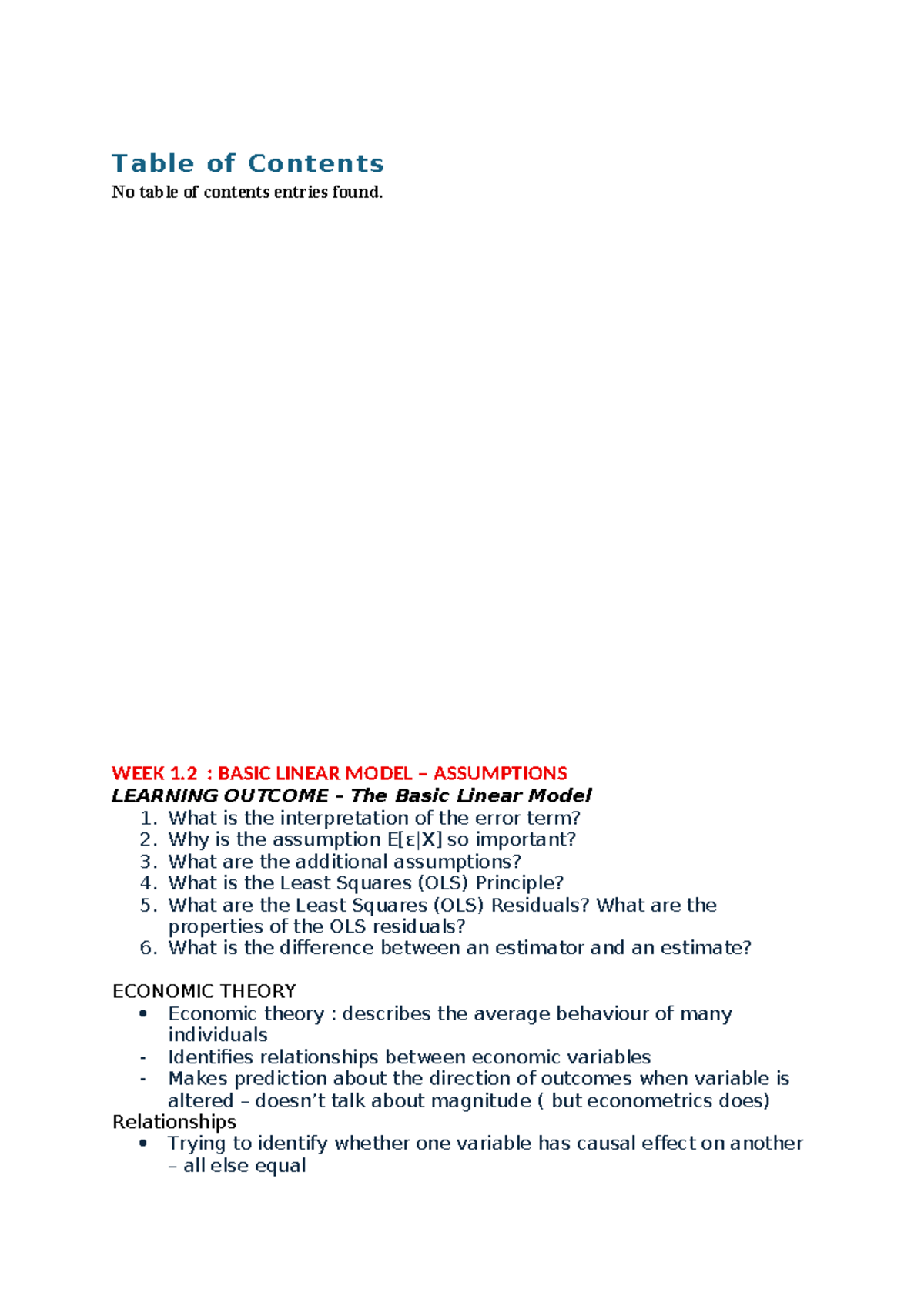 ECON 101: Lecture Notes on Basic Linear Model Assumptions and OLS - Studocu
