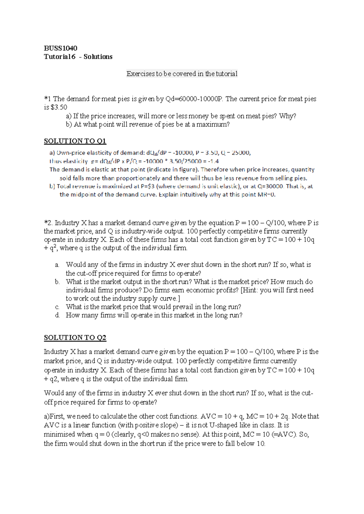 BUSS1040 Tutorial 6 Solutions: Demand, Revenue, and Market Analysis ...