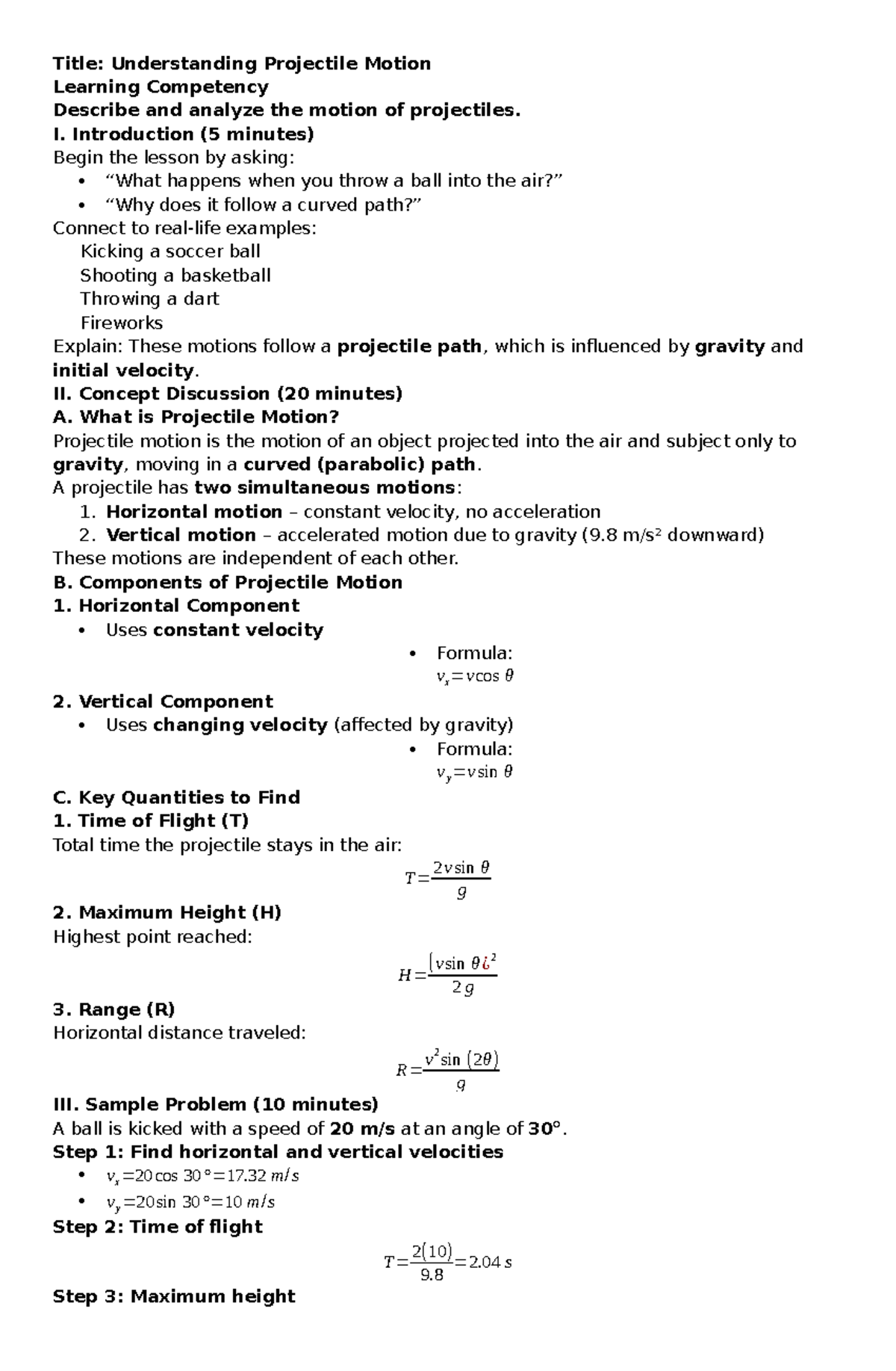Title: PHYS 101: Understanding Projectile Motion - Lesson Notes - Studocu