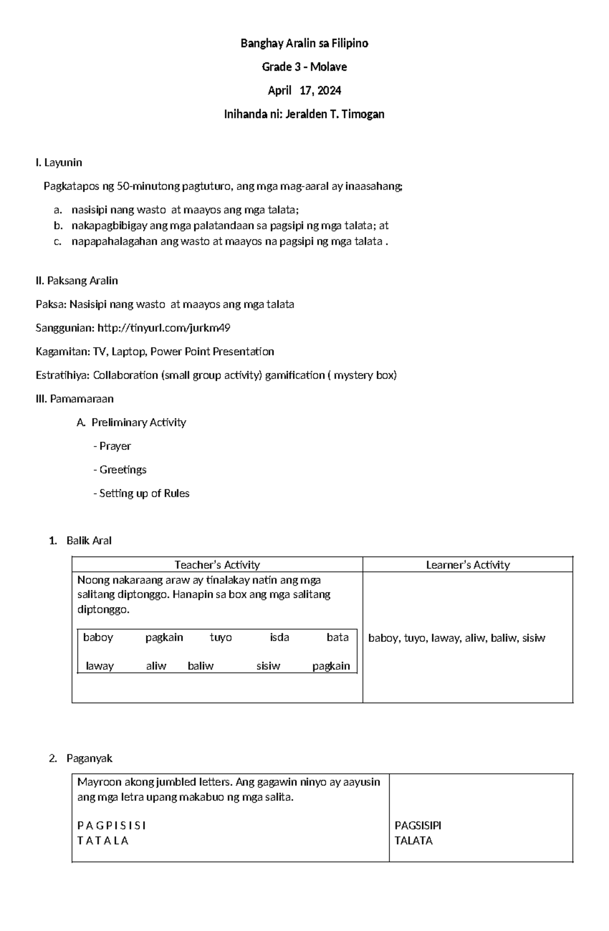 Banghay Aralin sa Filipino: Pagsisipi ng Talata (Grade 3 - Molave ...