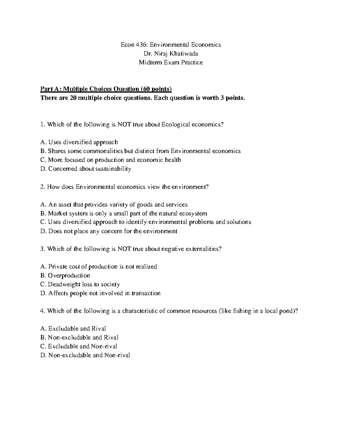 Econ 436: Environmental Economics - Midterm Exam Practice Qs - Studocu