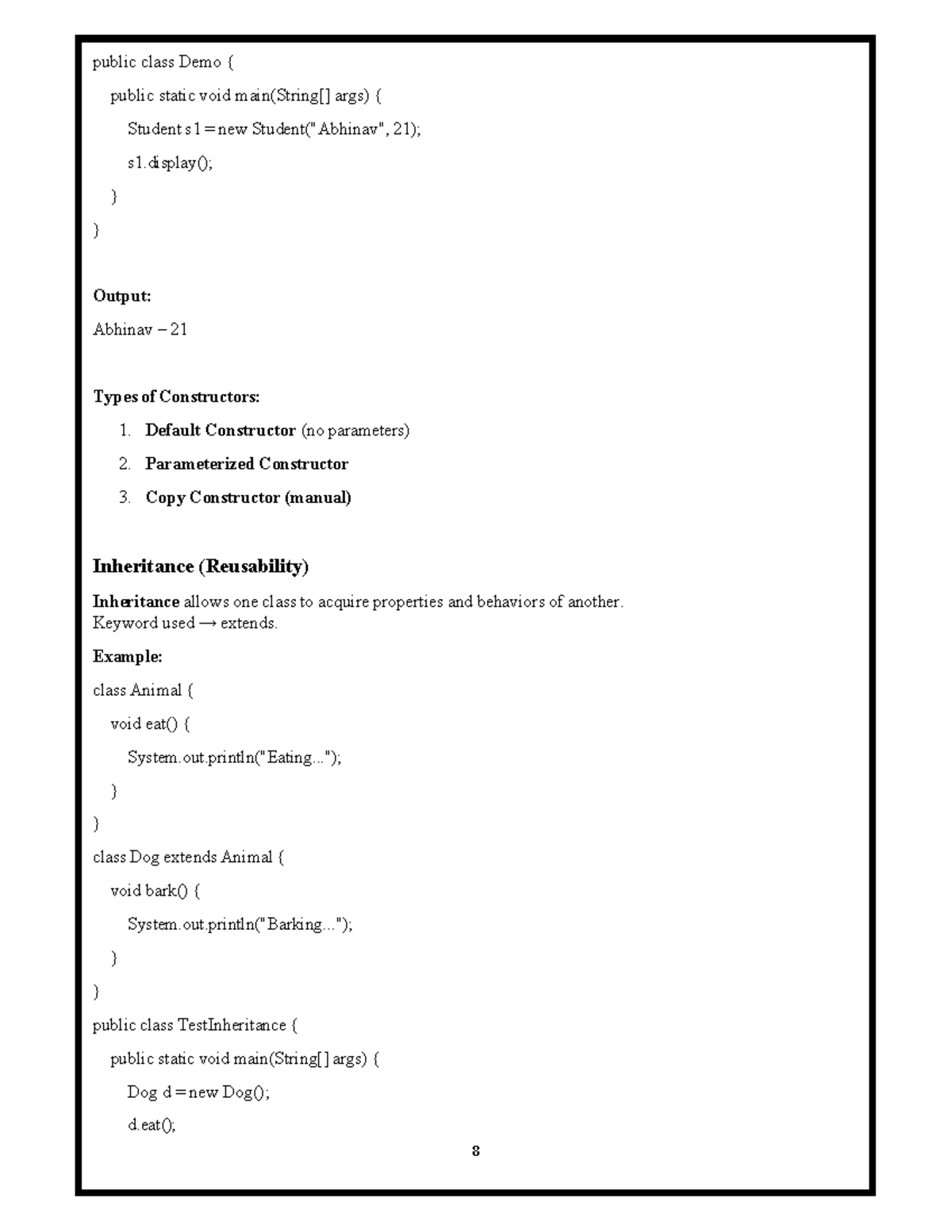 Java Programming Concepts: Constructors, Inheritance, and More (CS101 ...