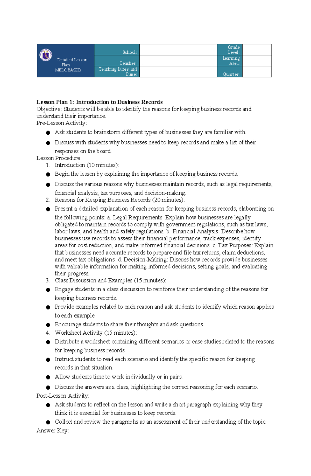 Entrep 101: Detailed Lesson Plan on Business Records & Bookkeeping ...