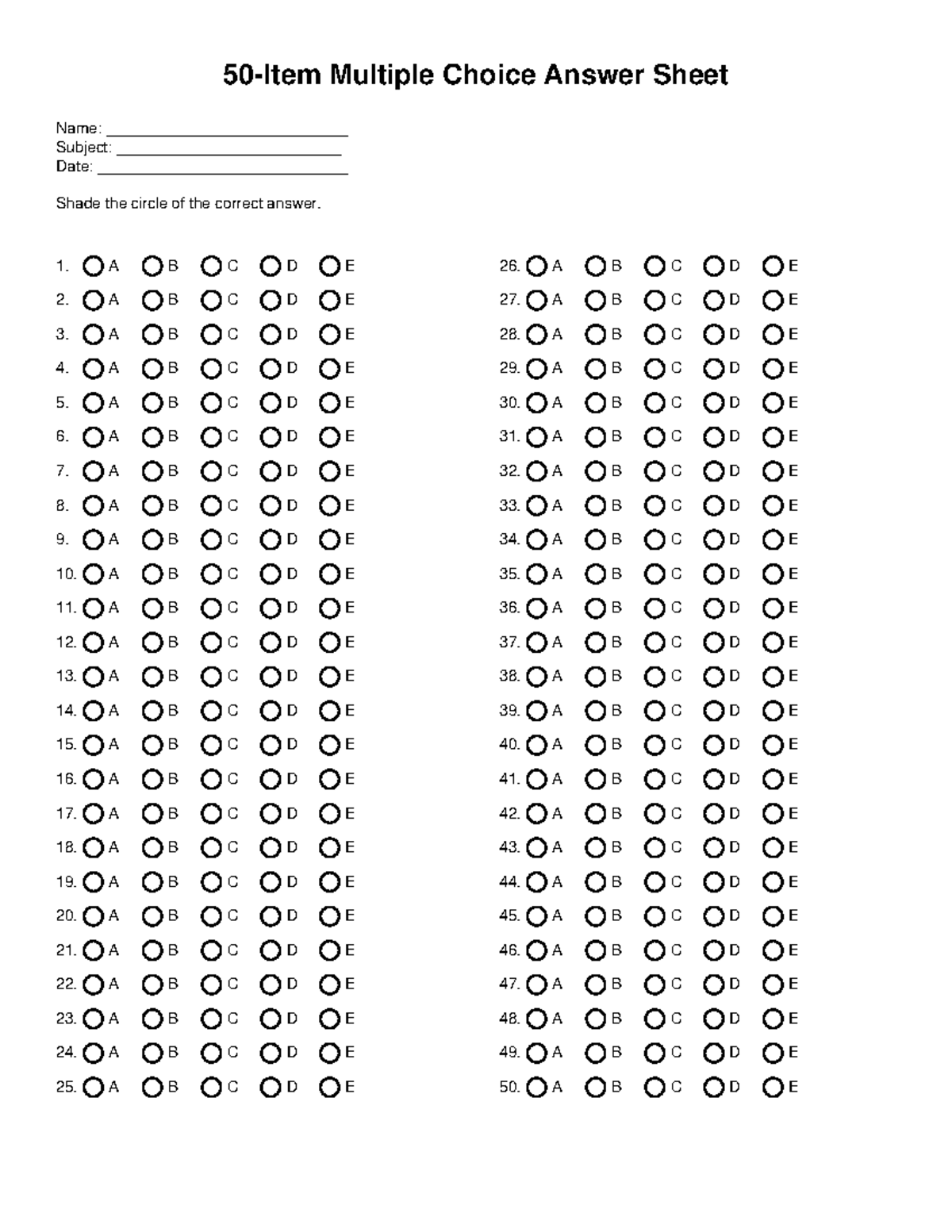 MCQ Answer Sheet (50 Items) - Shade A to E - Studocu