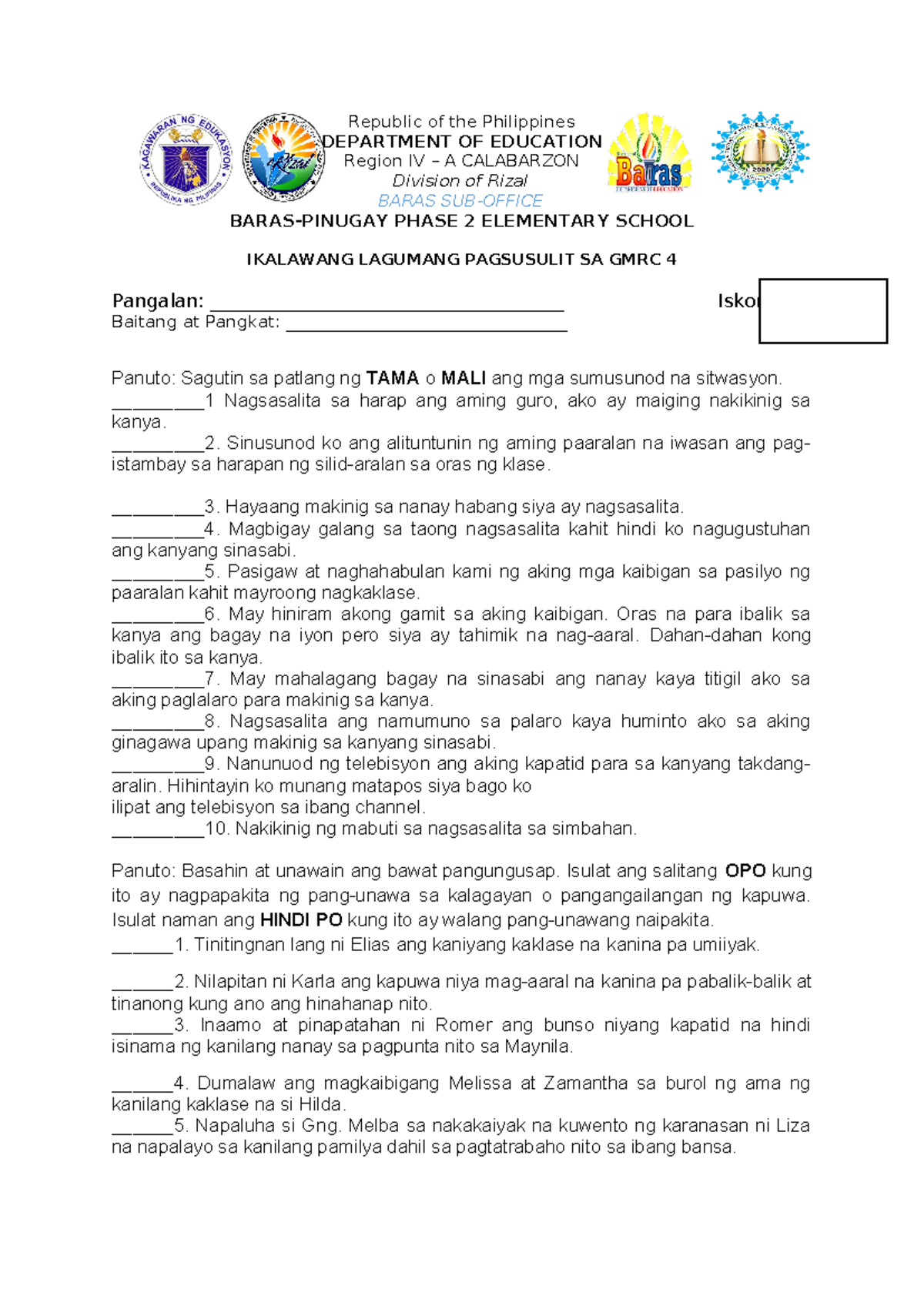 Q2 2ND Summative Exam in GMRC 4: Situational Questions and Key Answers ...