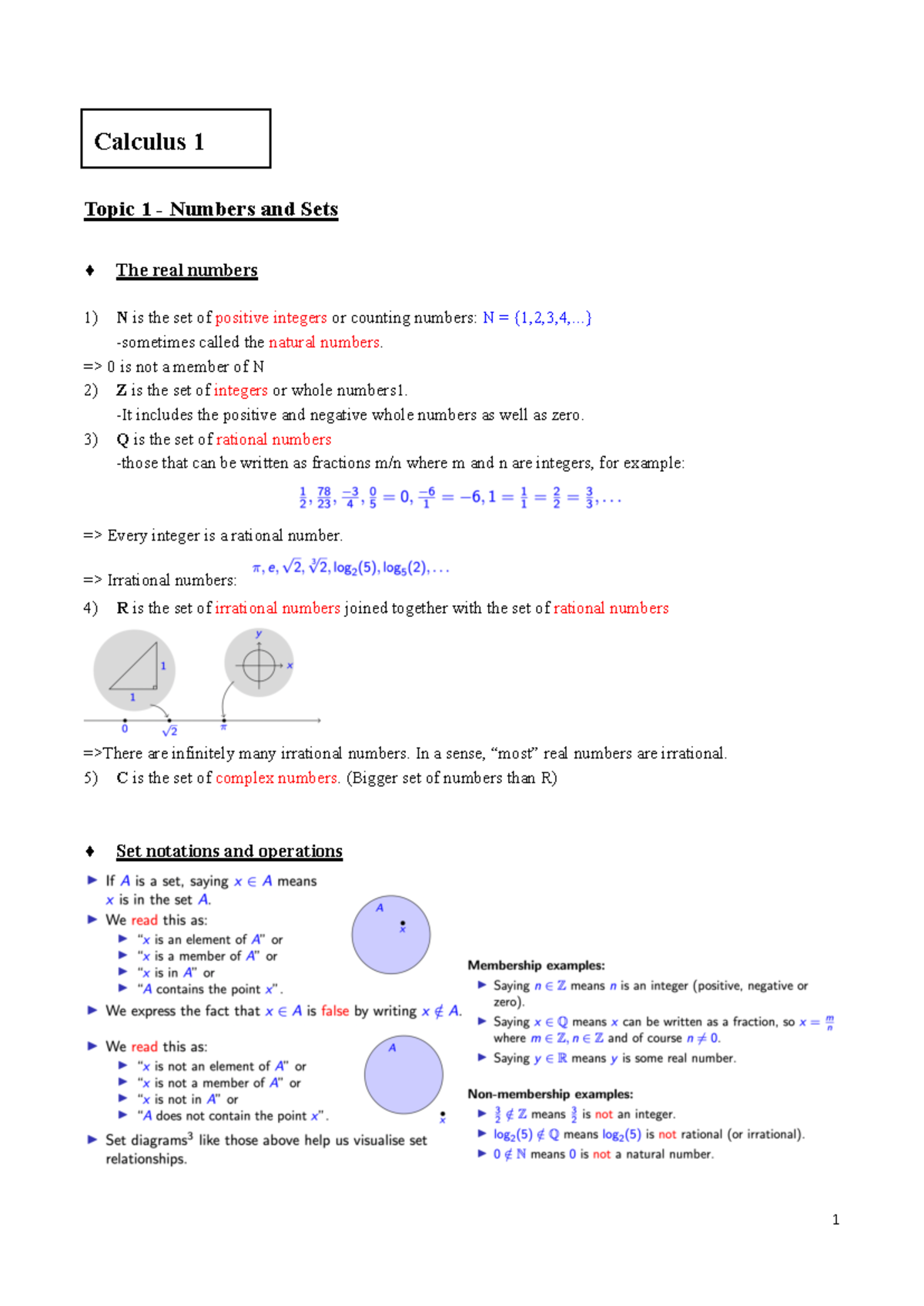 Calculus 1 Notes - Topic 1: Numbers and Sets Overview - Studocu