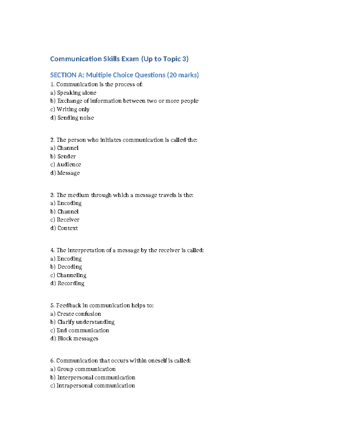 Communication Skills Exam (CS101) - MCQs & Short Answers - Studocu