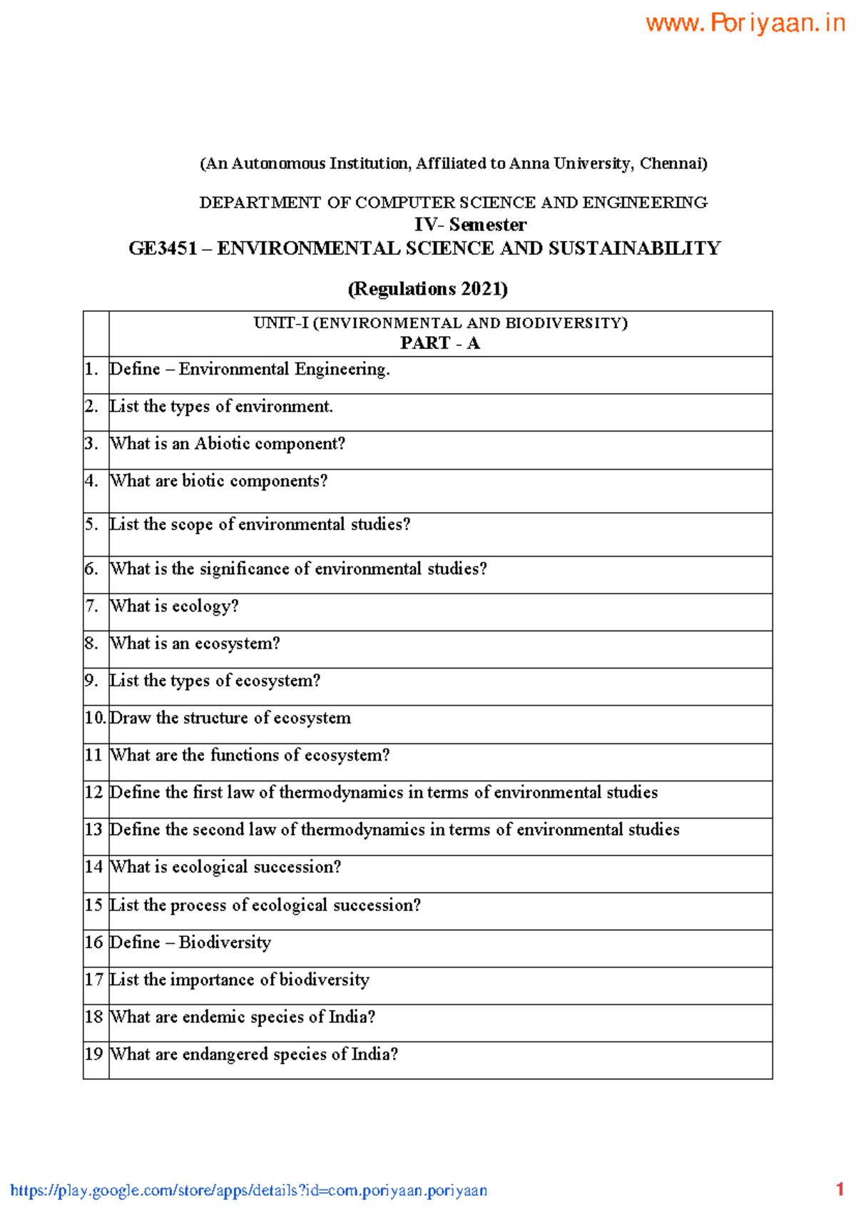 ESS - GE3451 - Environmental Science & Sustainability Question Bank ...