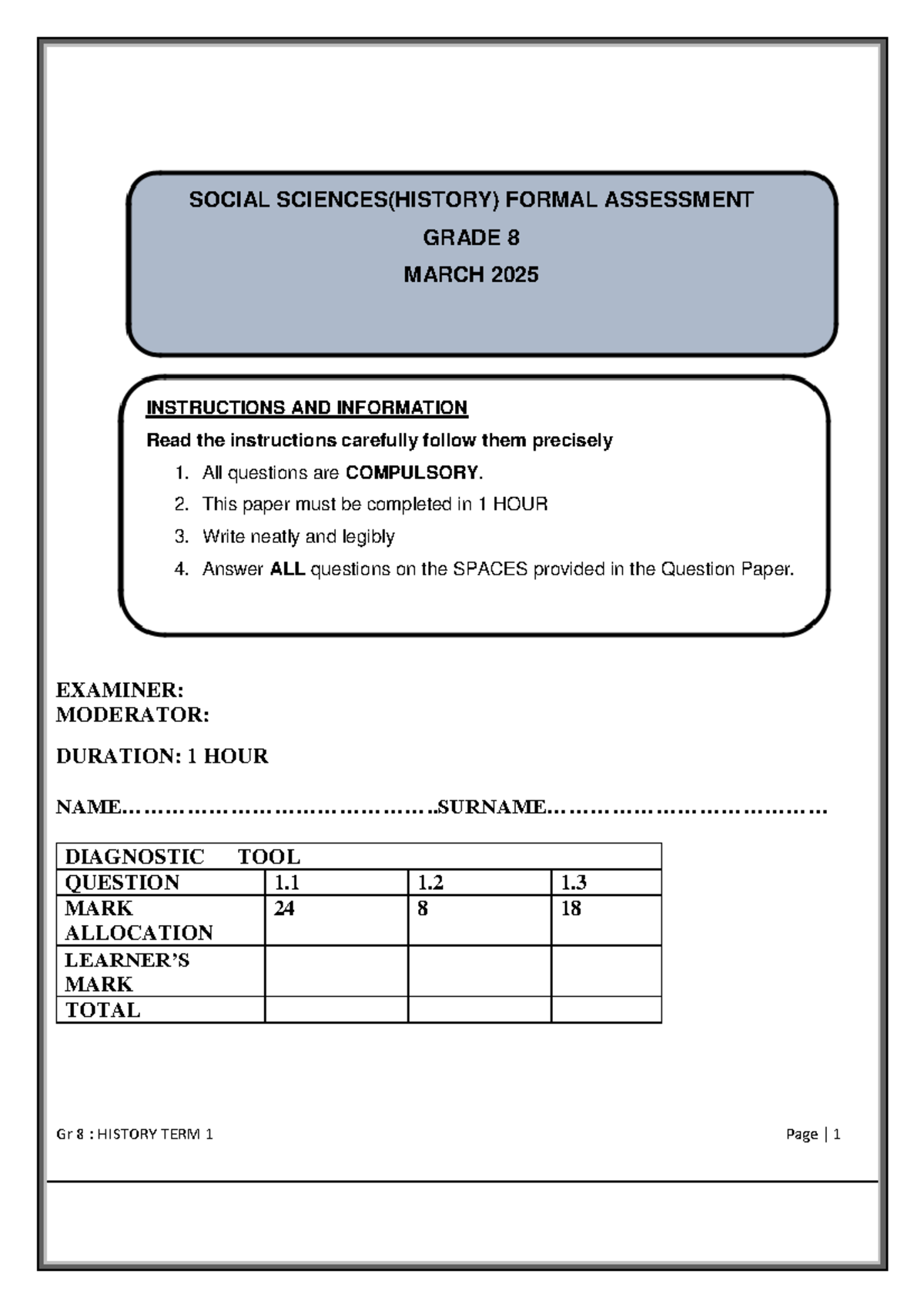 Grade 8 History Formal Assessment March 2025: Industrial Revolution ...