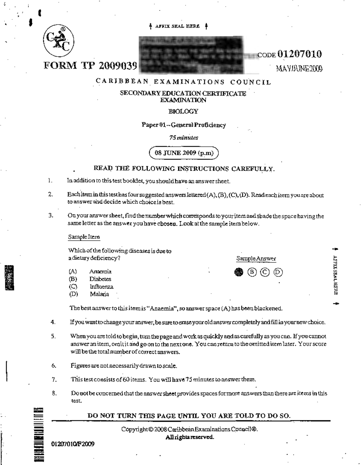 CSEC Biology June 2009 P1 - • I ####### • t AFFIX SEAL HERE + FORM TP ...