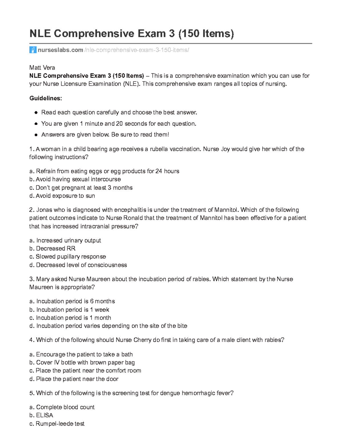 NLE Comprehensive Exam 3 Study Resource with 150 Items - Studocu