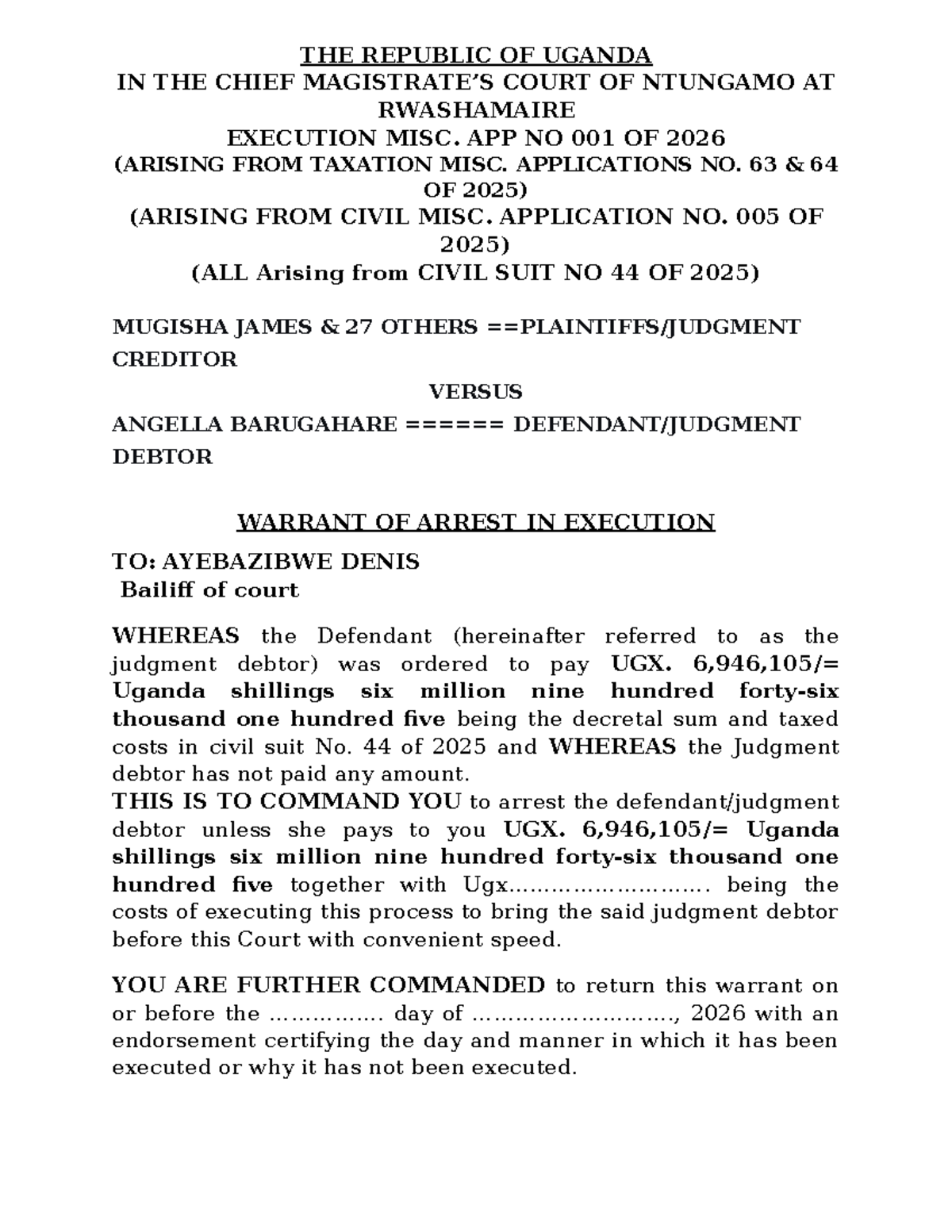 Execution Misc. App No. 001 of 2026: Warrant of Arrest Details - Studocu
