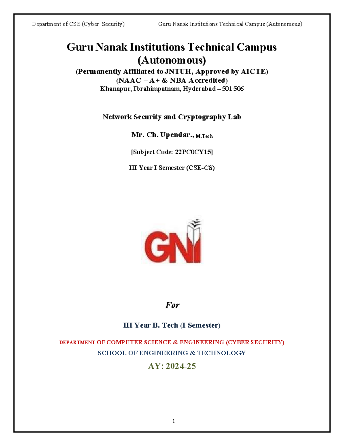Network Security and Cryptography Lab Manual (22PC0CY15) AY 2023-24 - Studocu