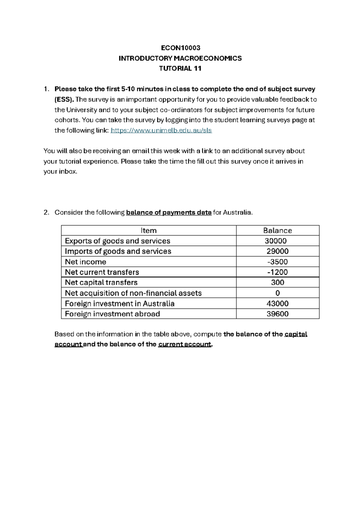 Econ 101: Tutorial 11 Questions & End of Subject Survey Insights - Studocu