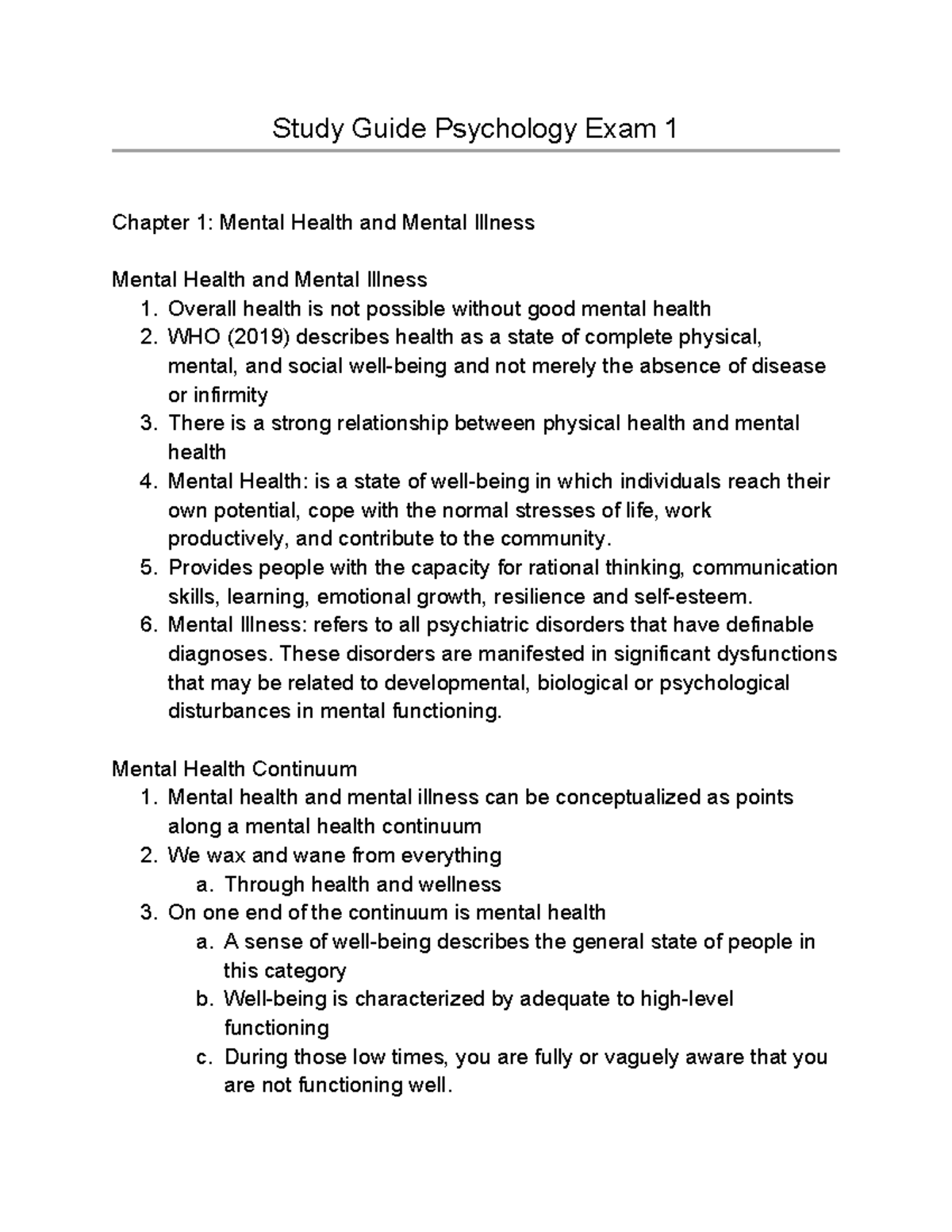 Study Guide PSY 101: Mental Health & Illness Overview for Exam 1 - Studocu