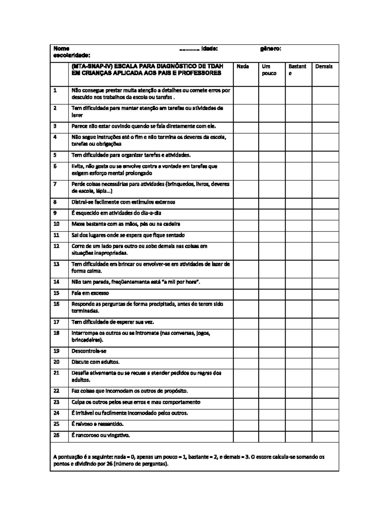 ESCALA SNAP-IV 2 PARA DIAGNÓSTICO DE TDAH EM CRIANÇAS - Studocu