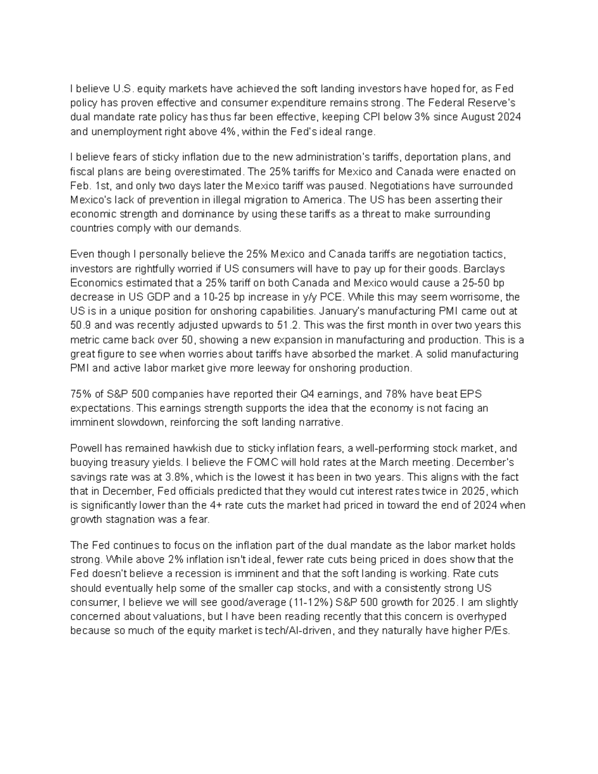 Macro Thesis 1 3125 - ssss - I believe U. equity markets have achieved ...