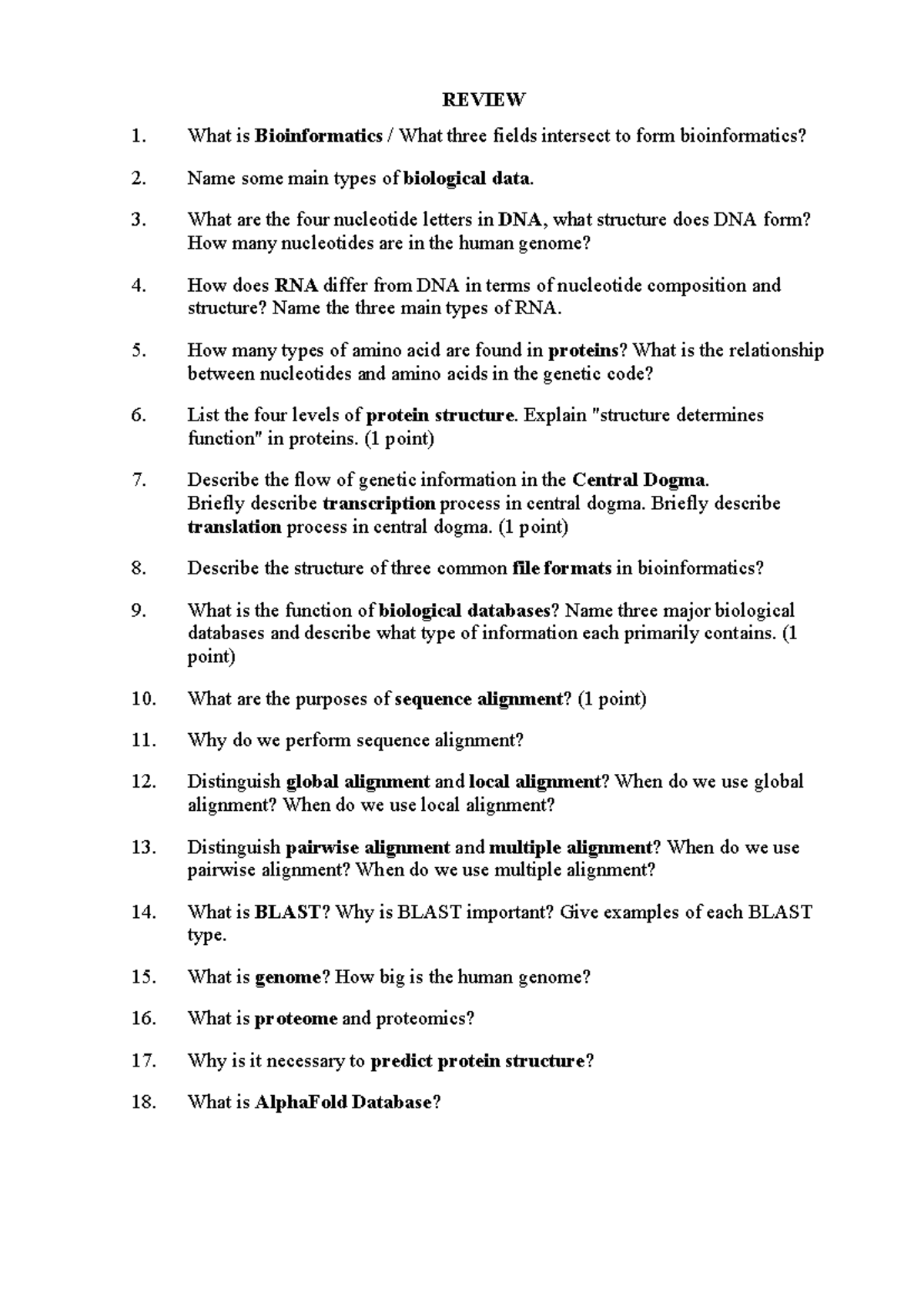 BIO 101 Final Test Review: Key Concepts in Bioinformatics - Studocu
