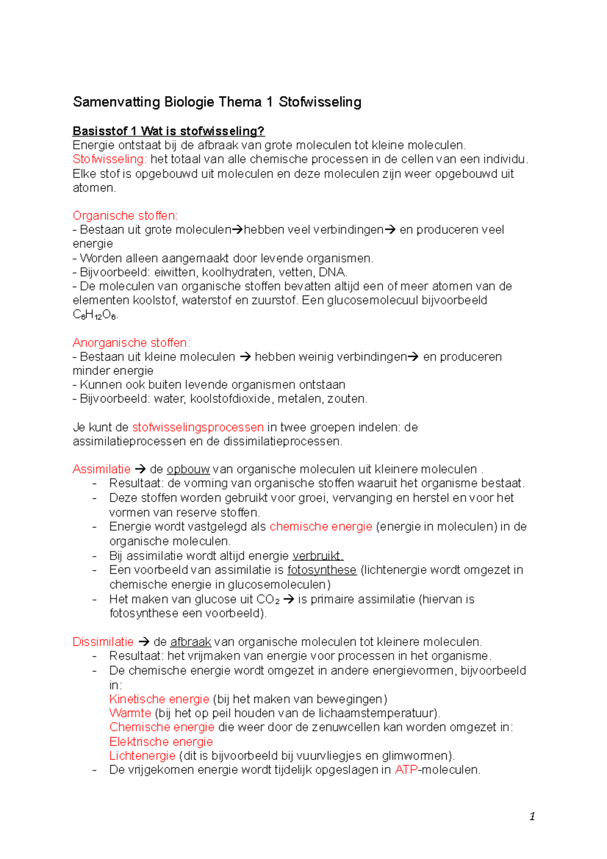 Biologie Samenvatting 1: Stofwisseling en Enzymen (Biologie) - Studeersnel