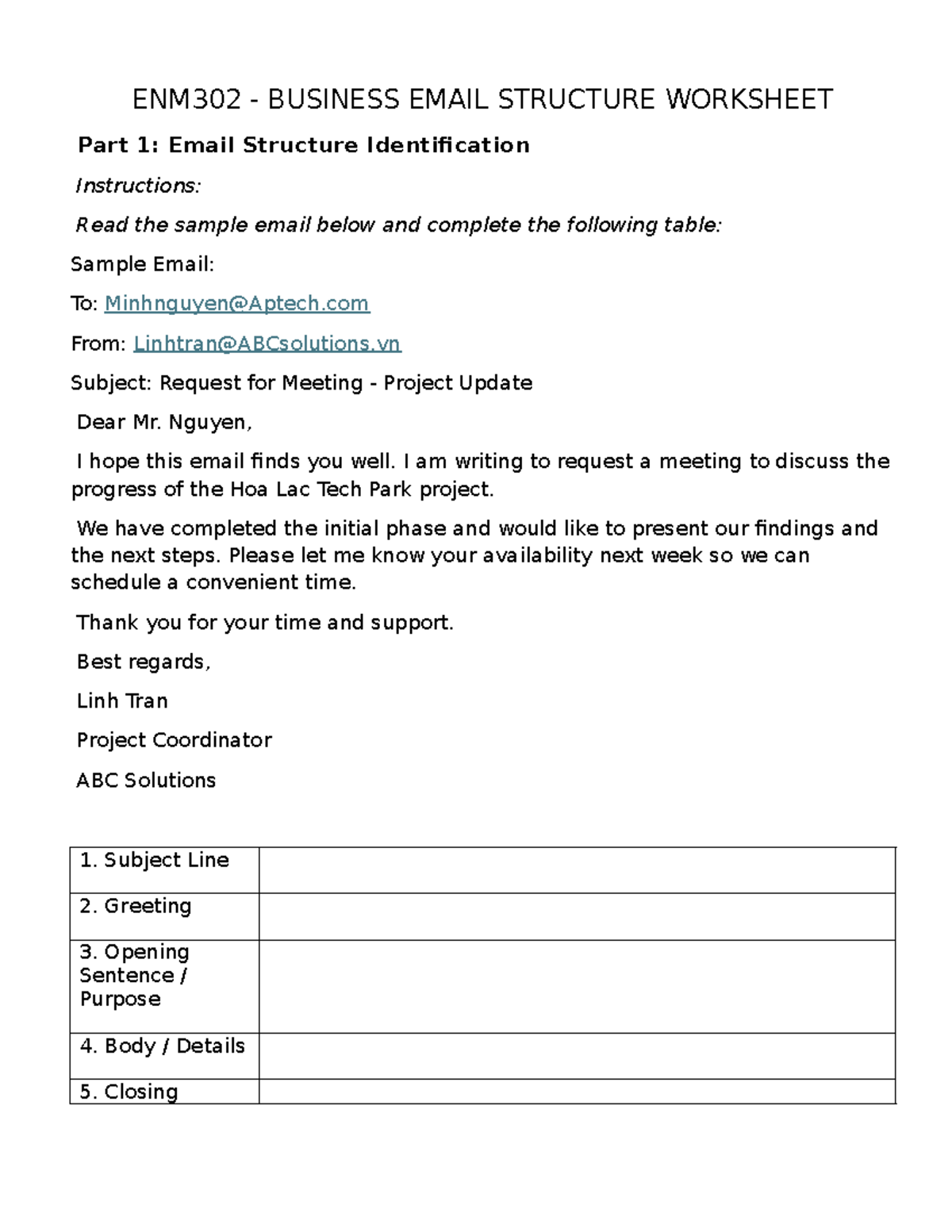 ENM302 Business Email Structure Worksheet: Part 1 Analysis - Studocu