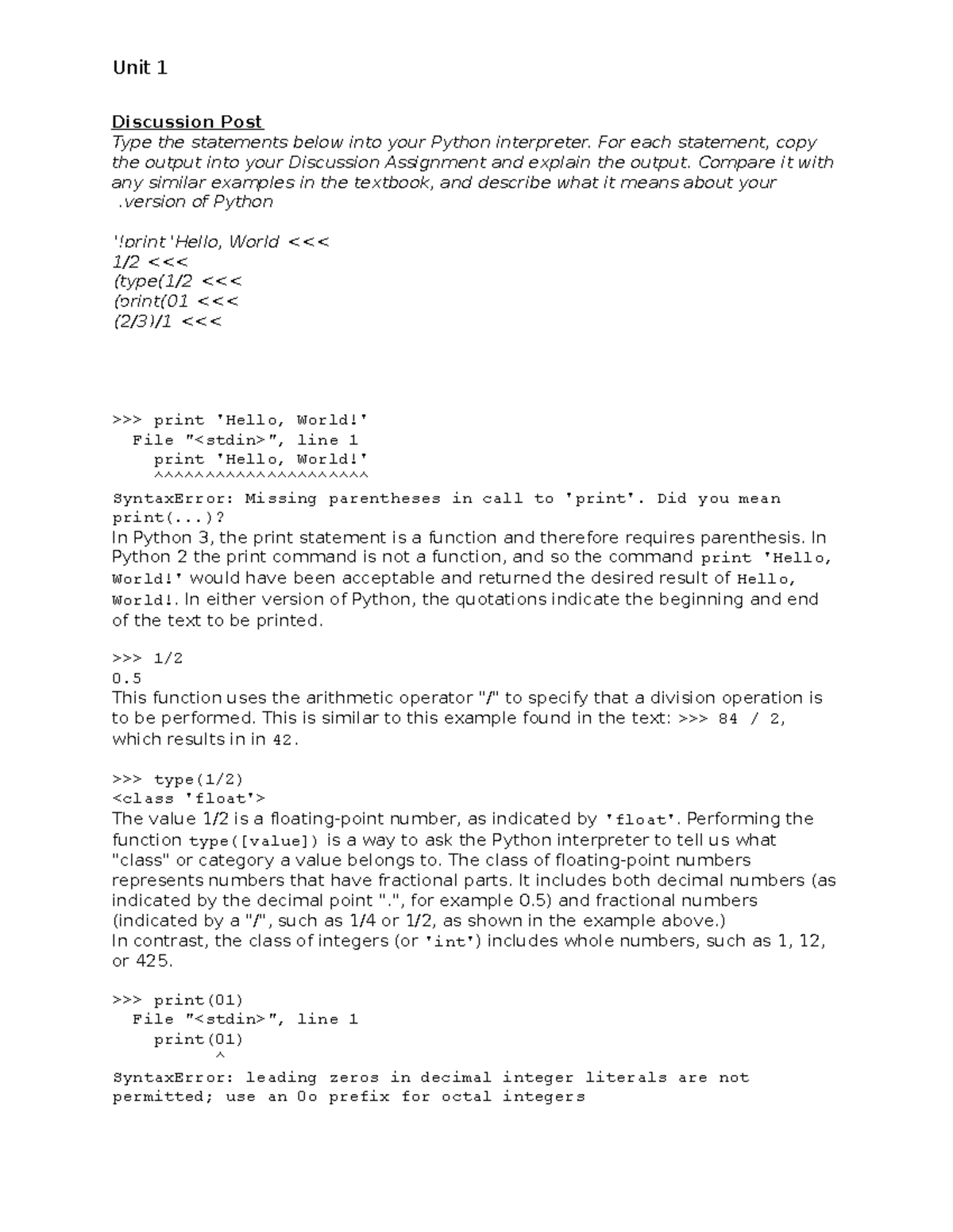 CS1101-Unit01 discussion assigment - Unit 1 Discussion Post Type the ...