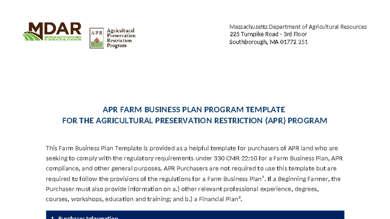 Farm Business Plan Template for APR Program (MA 251) - Studocu