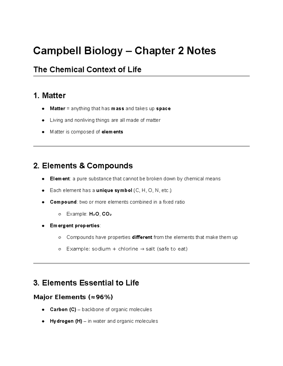 Campbell Biology CH2 Notes: The Chemical Context of Life - Studocu