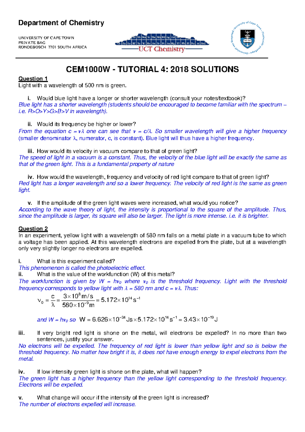 CEM1000W Tutorial 4 2018 Solutions - Department of Chemistry UNIVERSITY OF CAPE TOWN PRIVATE BAG ...