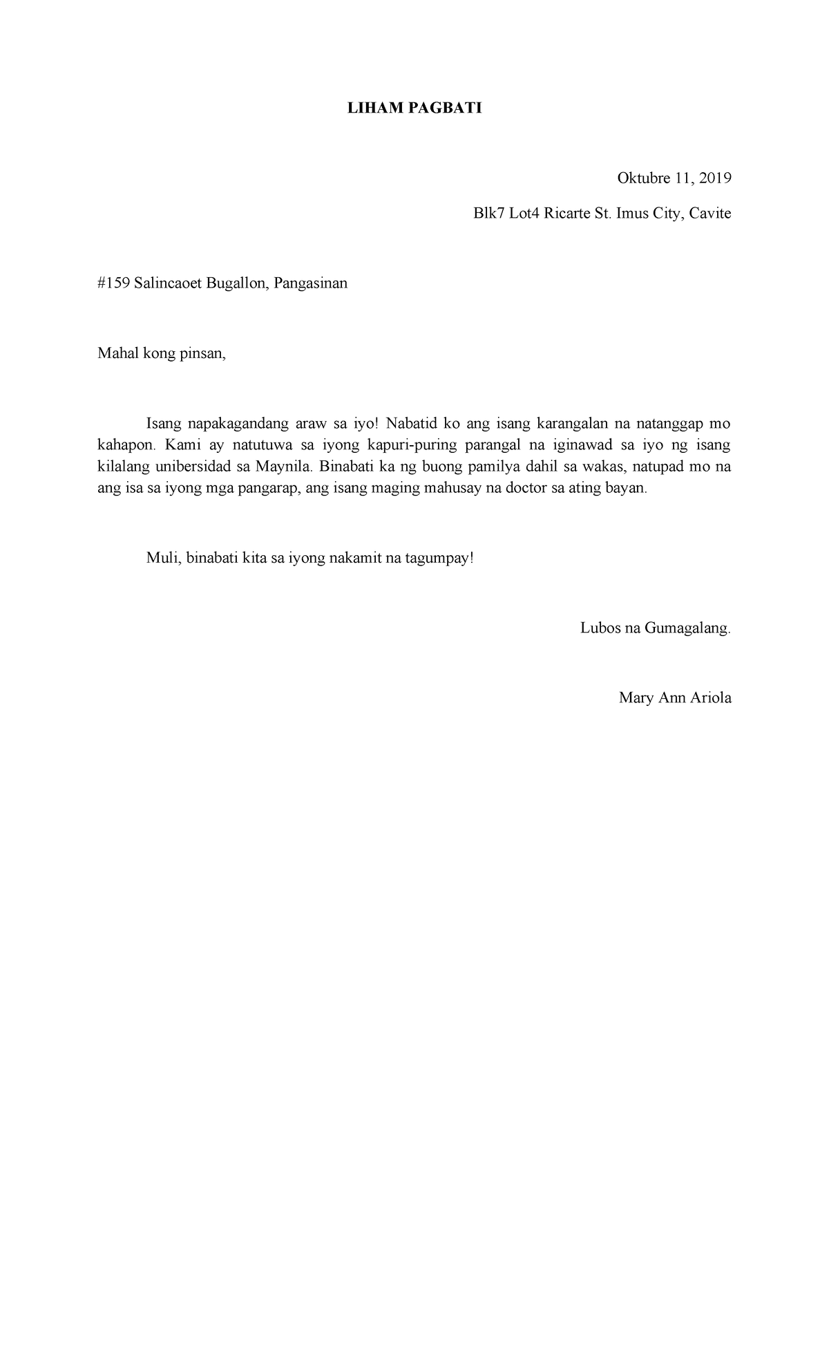 Mga Liham: Pagbati, Paanyaya, Pasasalamat, Kahilingan at Iba Pa - Studocu