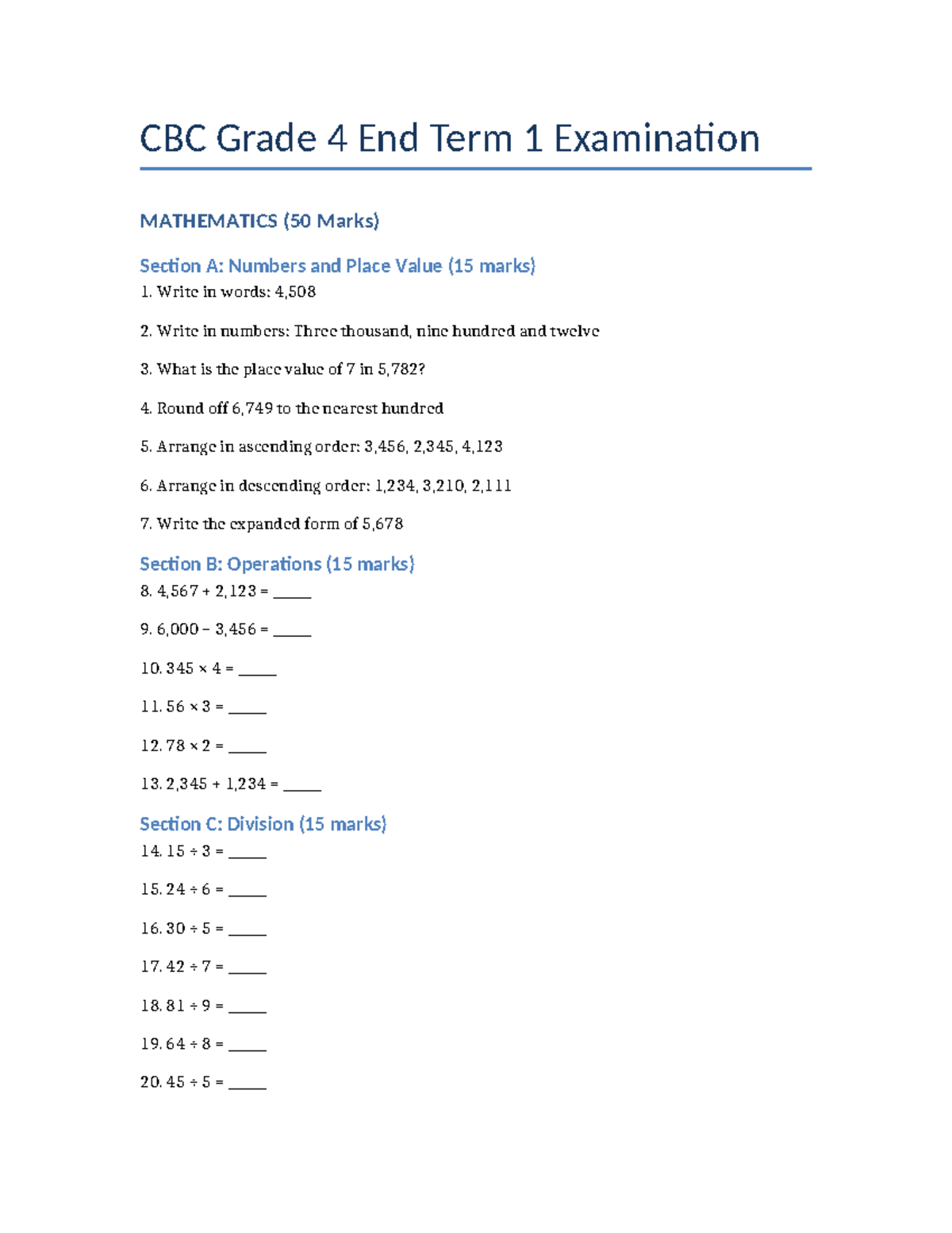 CBC Grade 4 End Term 1 Exam - Mathematics & English (100 Marks) - Studocu