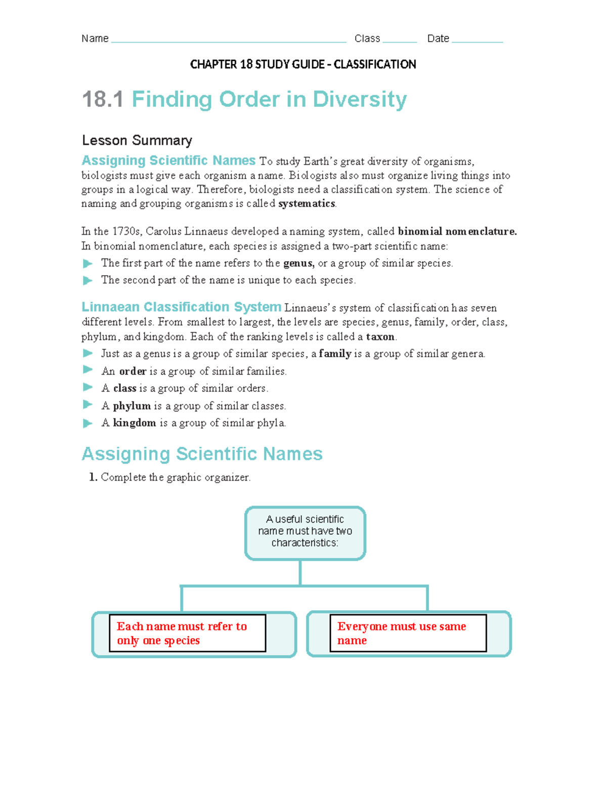 Ch 18 SG: Classification System & Scientific Naming Overview - Studocu