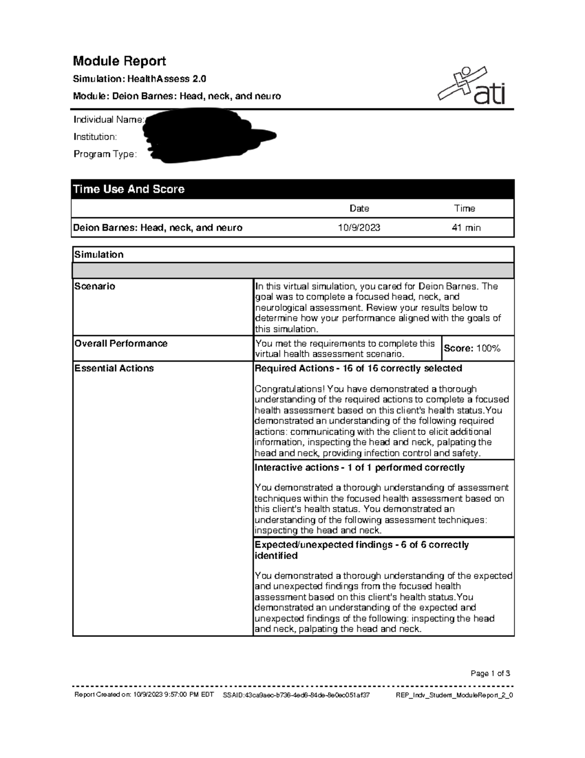 Head,neck,neuro 2 - ATI Health Assess Deion Barnes - Module Report ...