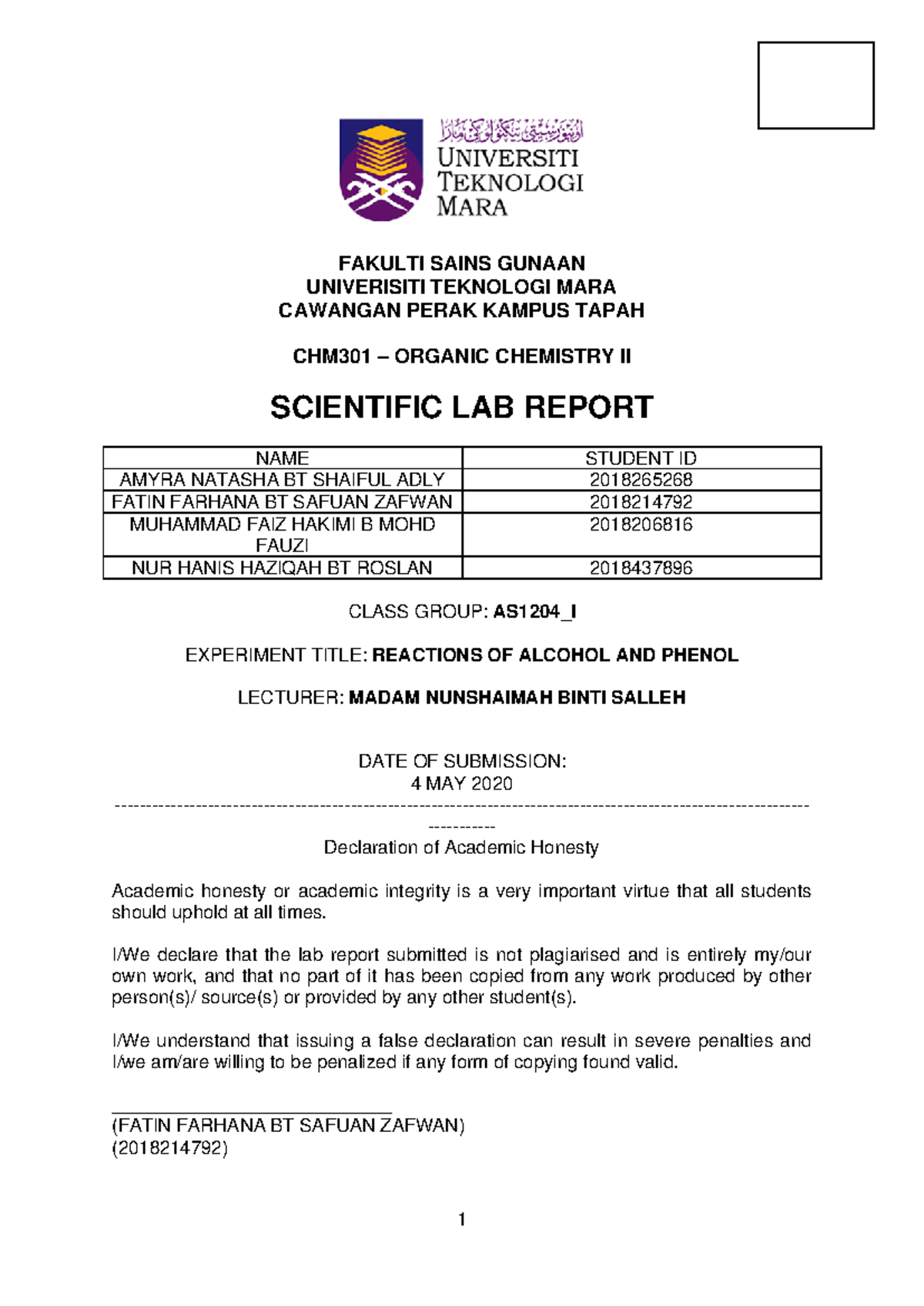 CHM 301 LAB Report: Reactions of Alcohols and Phenols - Studocu