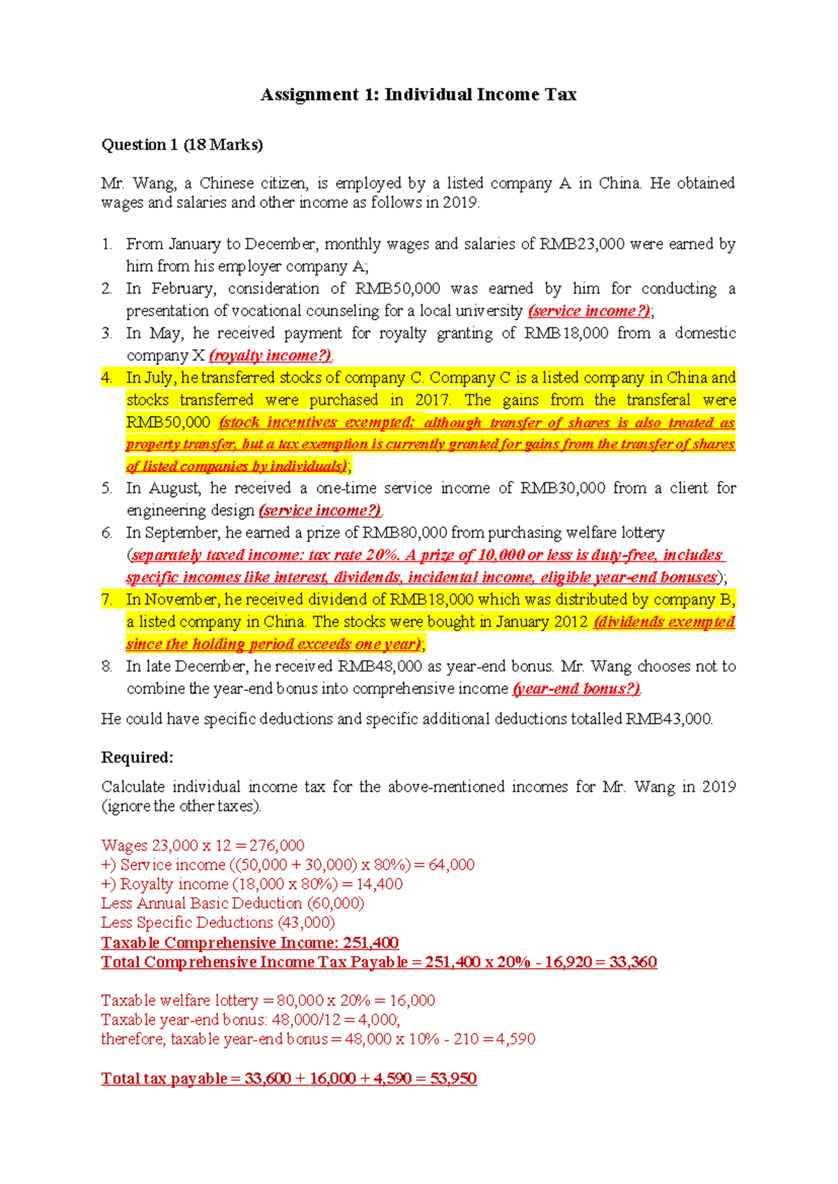 ACCT4262 Assignment 1: Individual Income Tax Calculations and Analysis ...