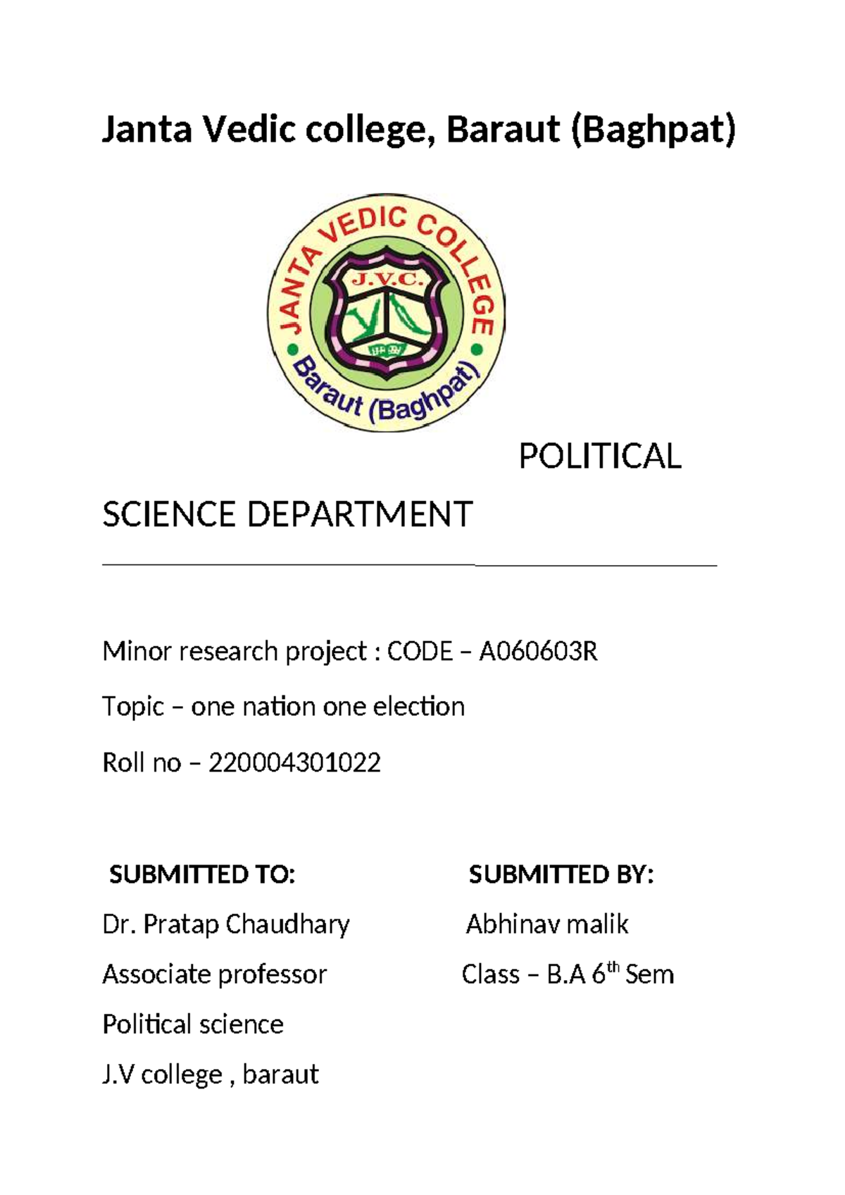 Janta vedic college - 1 sem project - Political science - Janta Vedic ...