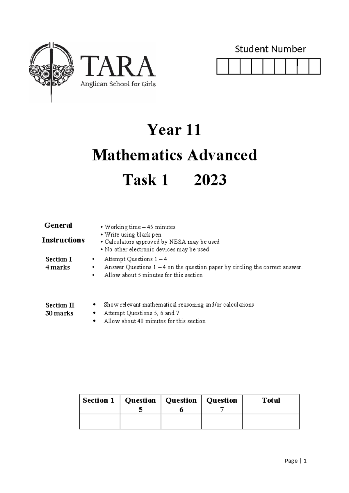 2023 Year 11 Maths Adv Task 1 - Student Number Year 11 Mathematics ...