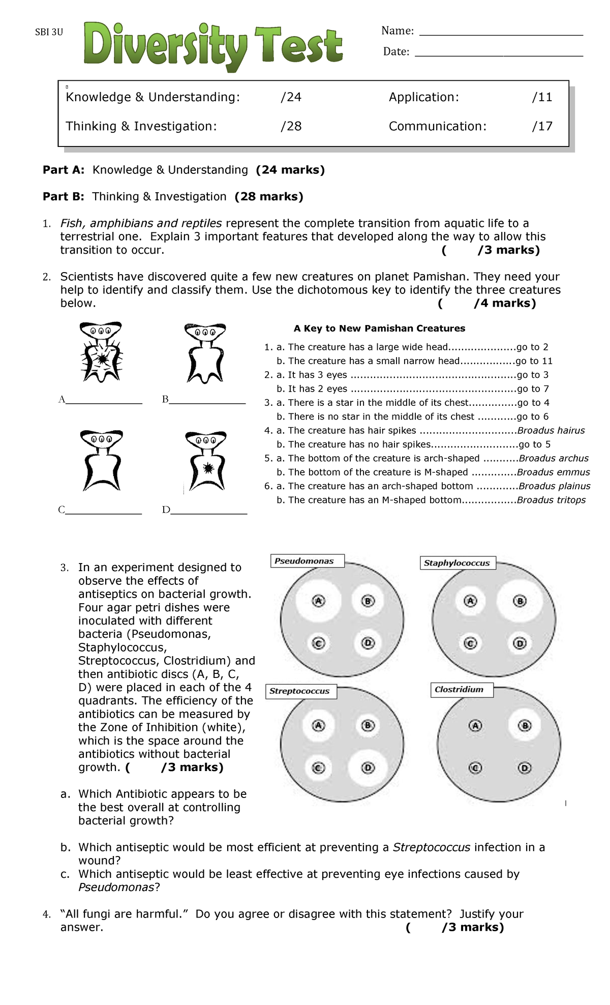 Diversity Test SBI 3U - Feb 2021 Questions and Investigations Sheet ...