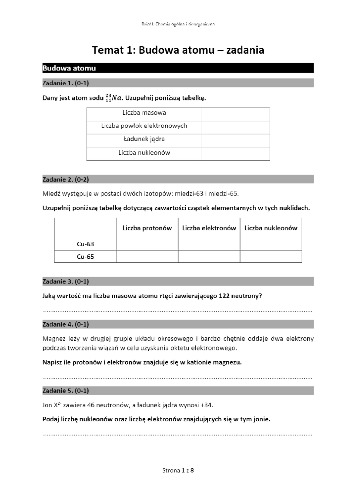 Matura – przykładowe zadania z działu Budowa Atomu I CZĄ CZĘŚĆ 1 - Studocu