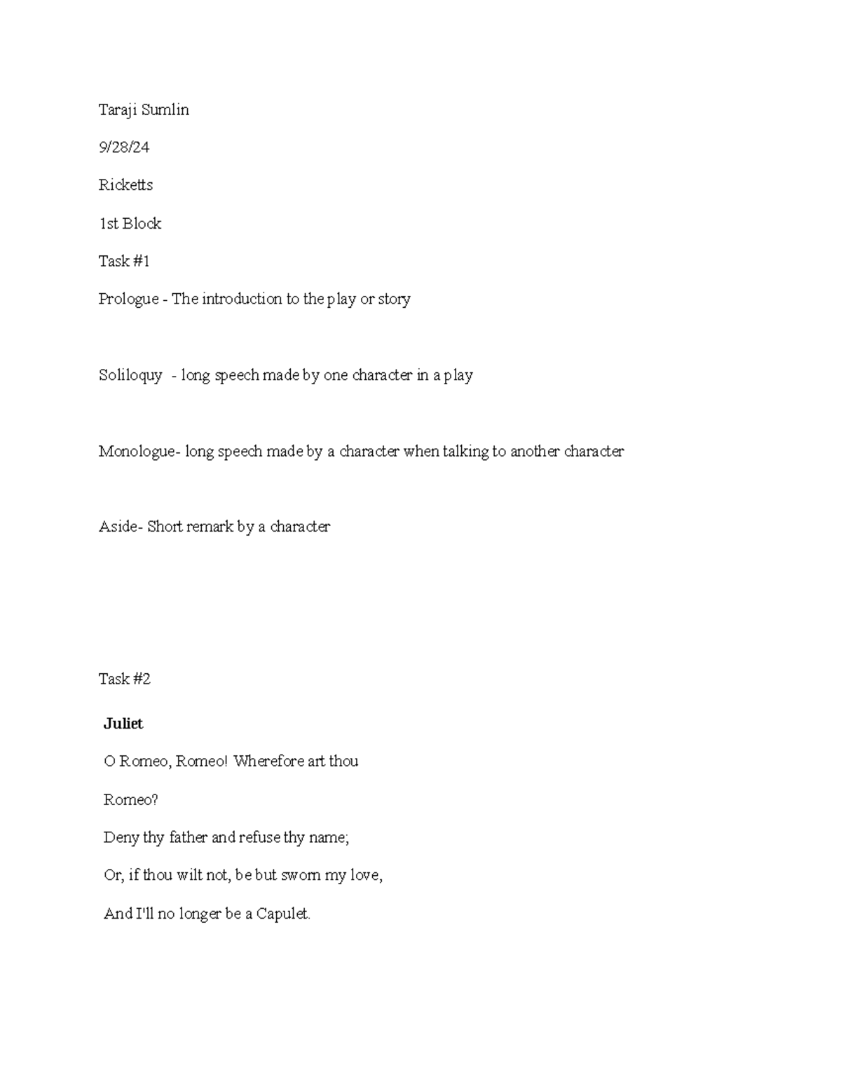 Analysis of Soliloquy & Characterization in Romeo and Juliet (ENG 101 ...